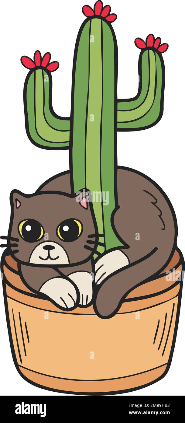 Hand Drawn cat and cactus illustration in doodle style isolated on ...