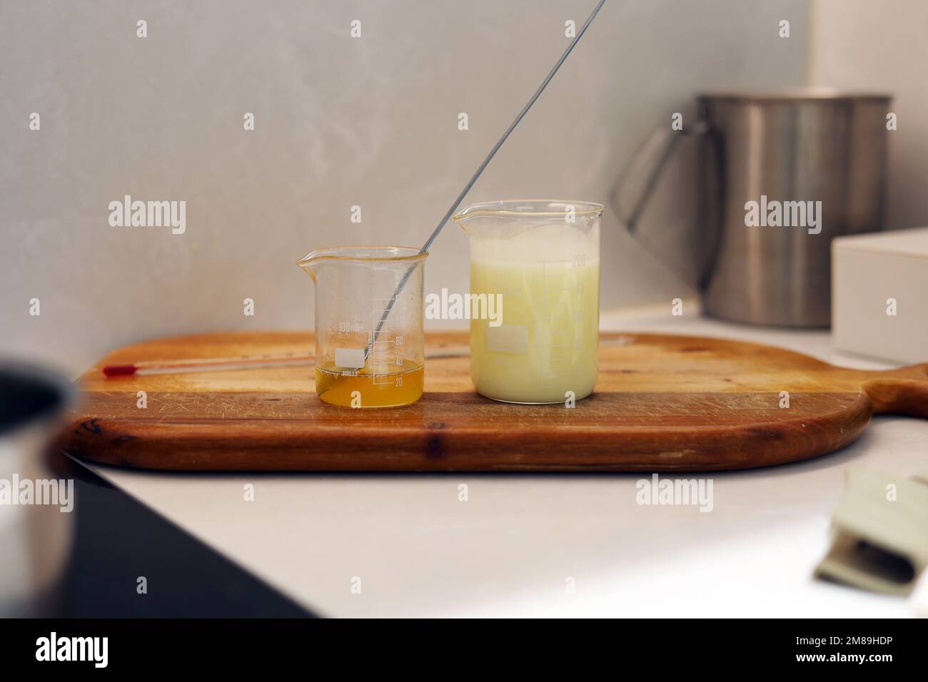 The beakers of water and jojoba oil in the laboratory Stock Photo - Alamy