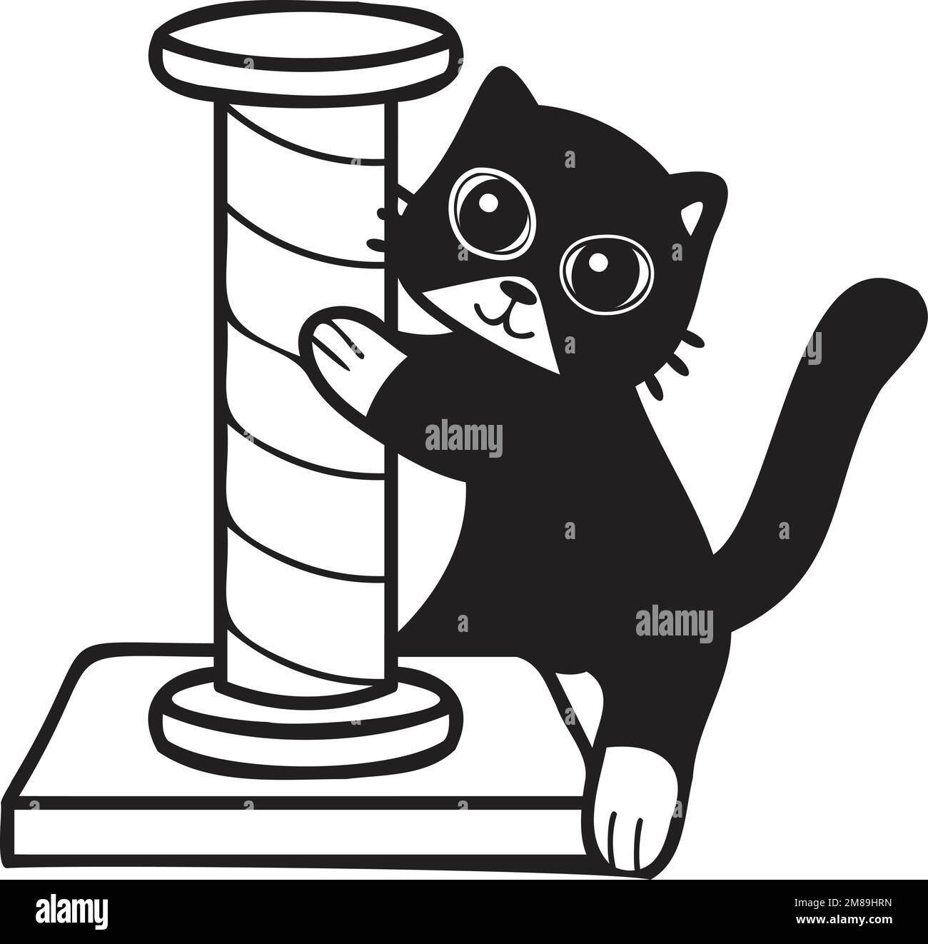 Hand Drawn cat with cat climbing pole illustration in doodle style ...