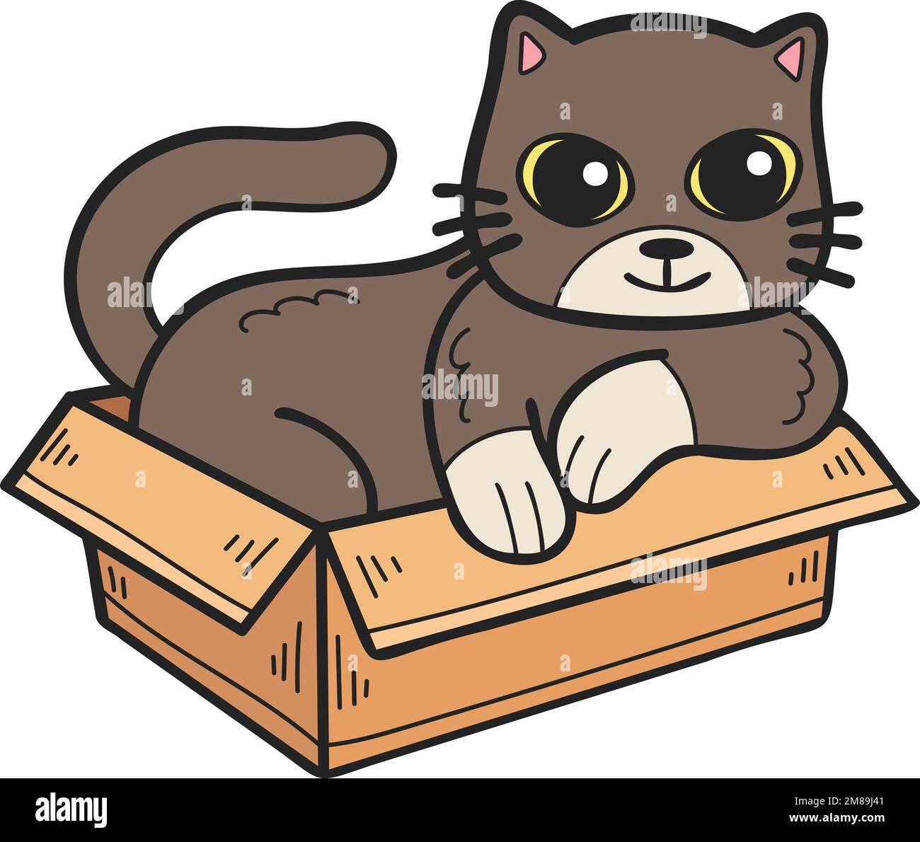 Hand Drawn cat in box illustration in doodle style isolated on ...