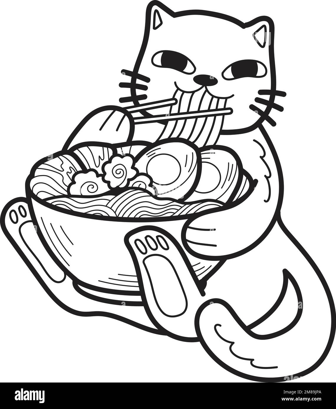 Hand Drawn cat eating noodles illustration in doodle style isolated on ...