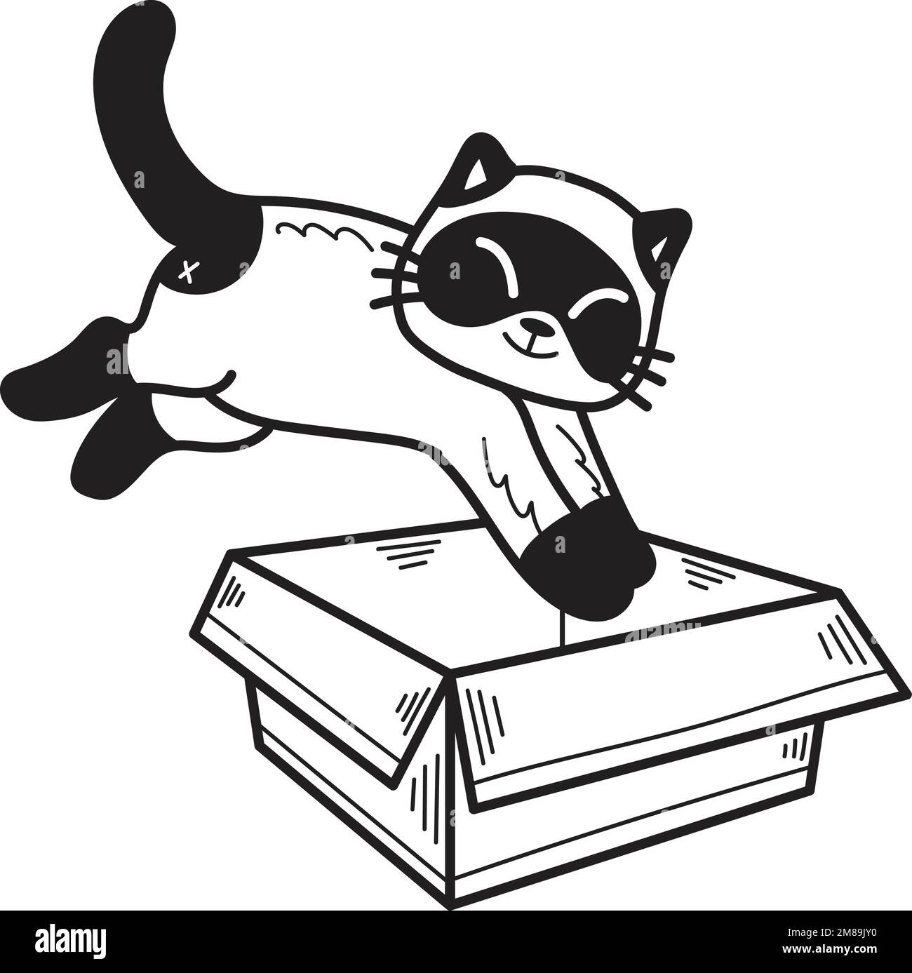 Hand Drawn kitten jumped into the box illustration in doodle style ...