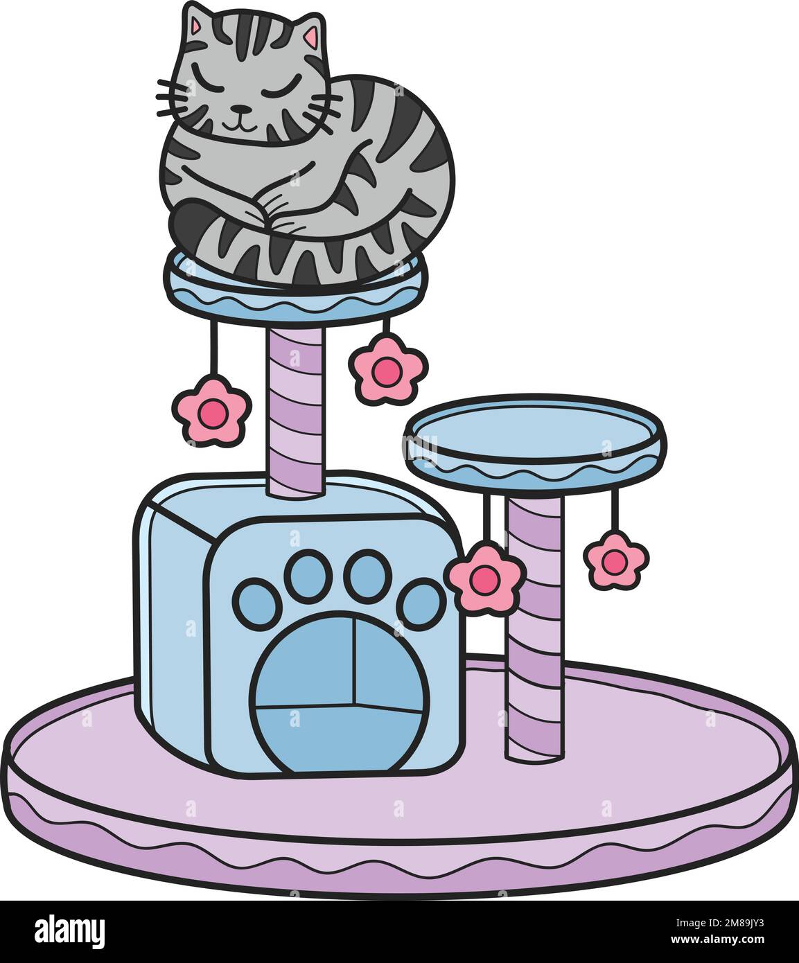 Hand Drawn striped cat with cat climbing pole illustration in doodle ...
