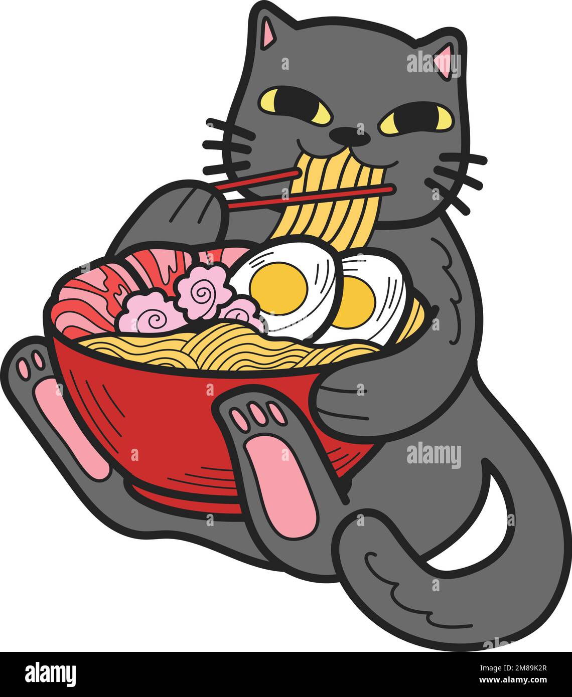 Hand Drawn cat eating noodles illustration in doodle style isolated on ...