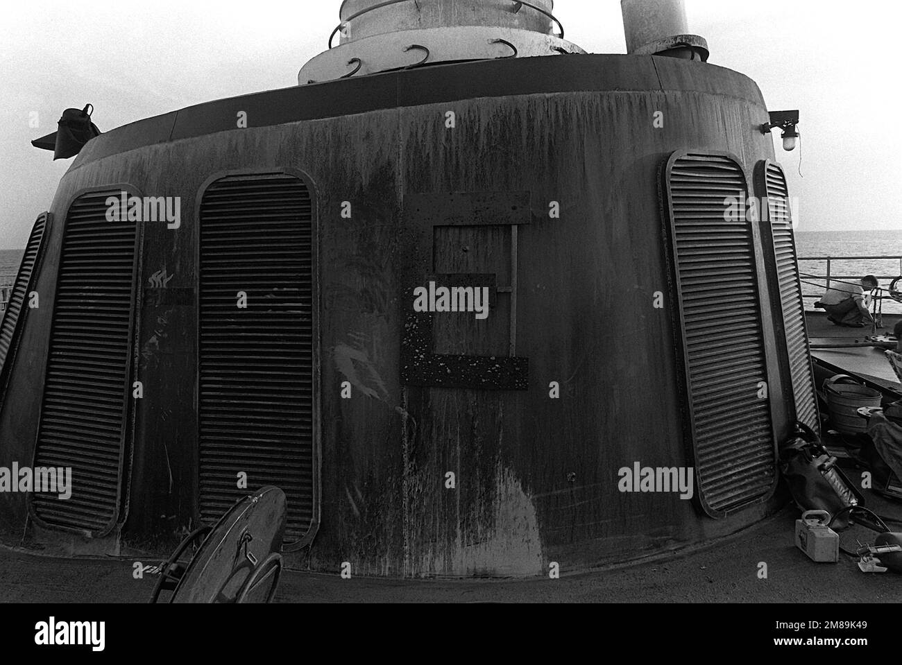 A close-up view of the funnel of the guided missile frigate USS SAMUEL ...