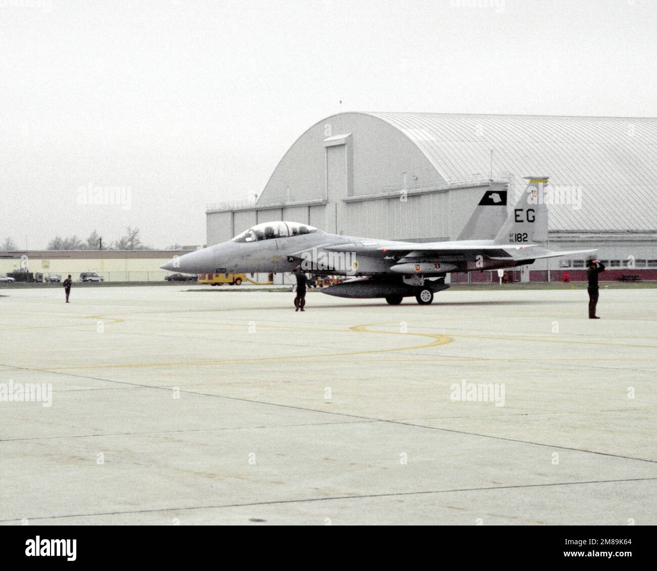 An F-15D Eagle aircraft of the 59th Tactical Fighter Squadron taxis ...