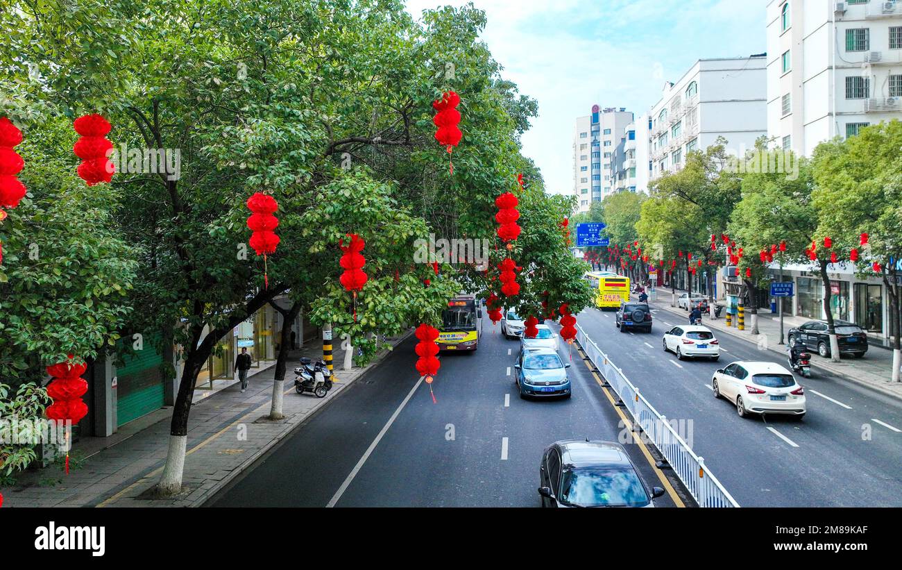 Red lanterns on trees create festival vibes in Dongyangshan Road in ...