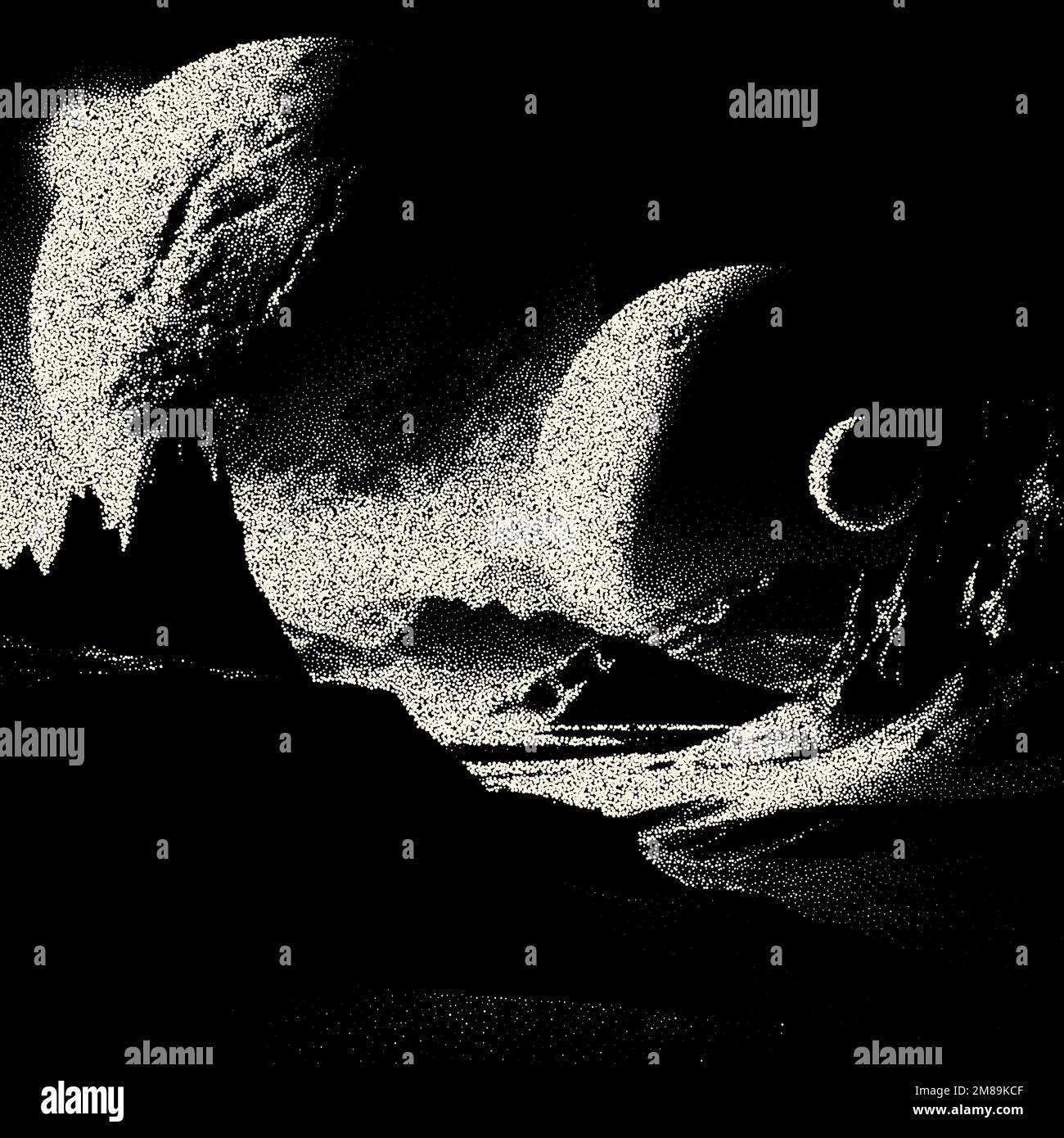 Alien planet landscape in retro dotwork style. Planets and satellites ...