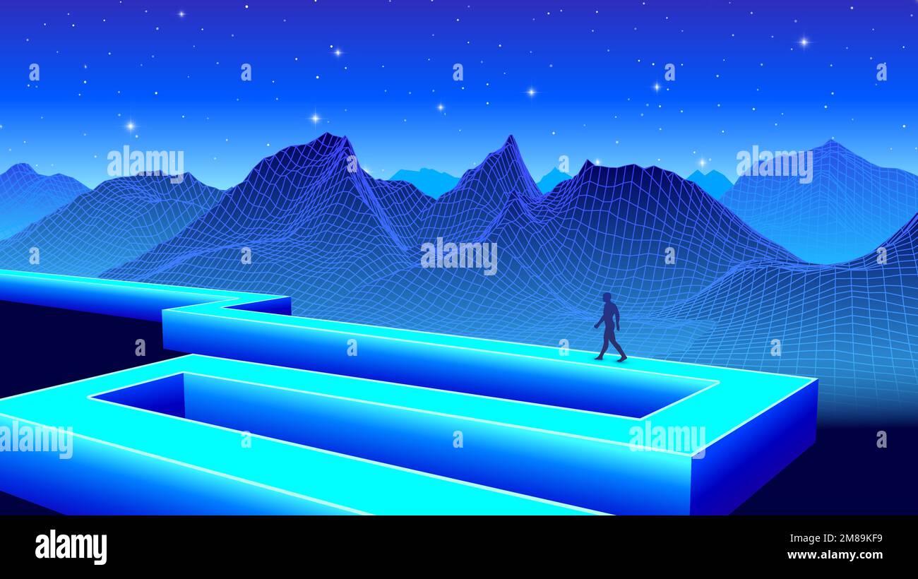 Shiny path concept with human figure walking in the synthwave landscape ...