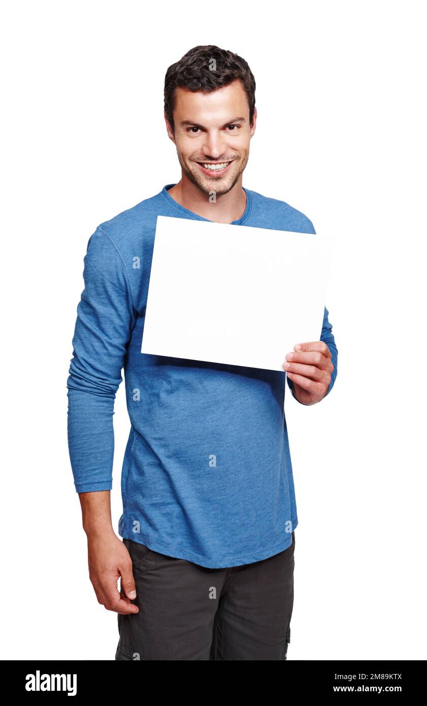 Man portrait, blank poster and mockup space for advertisement ...