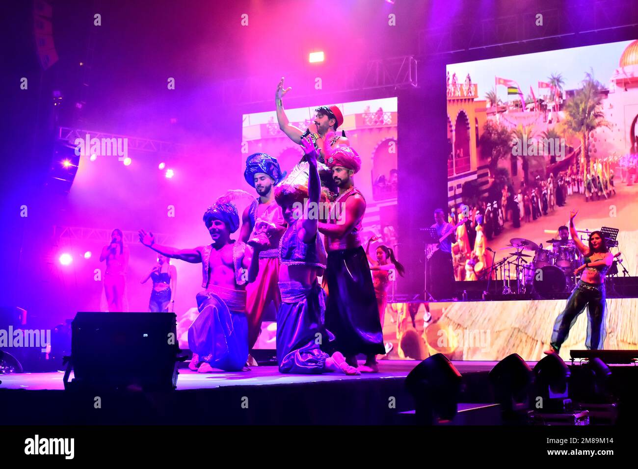 Leon, Mexico. 12 JAN 2023: Actors perform Disney's Aladdin Prince Ali ...