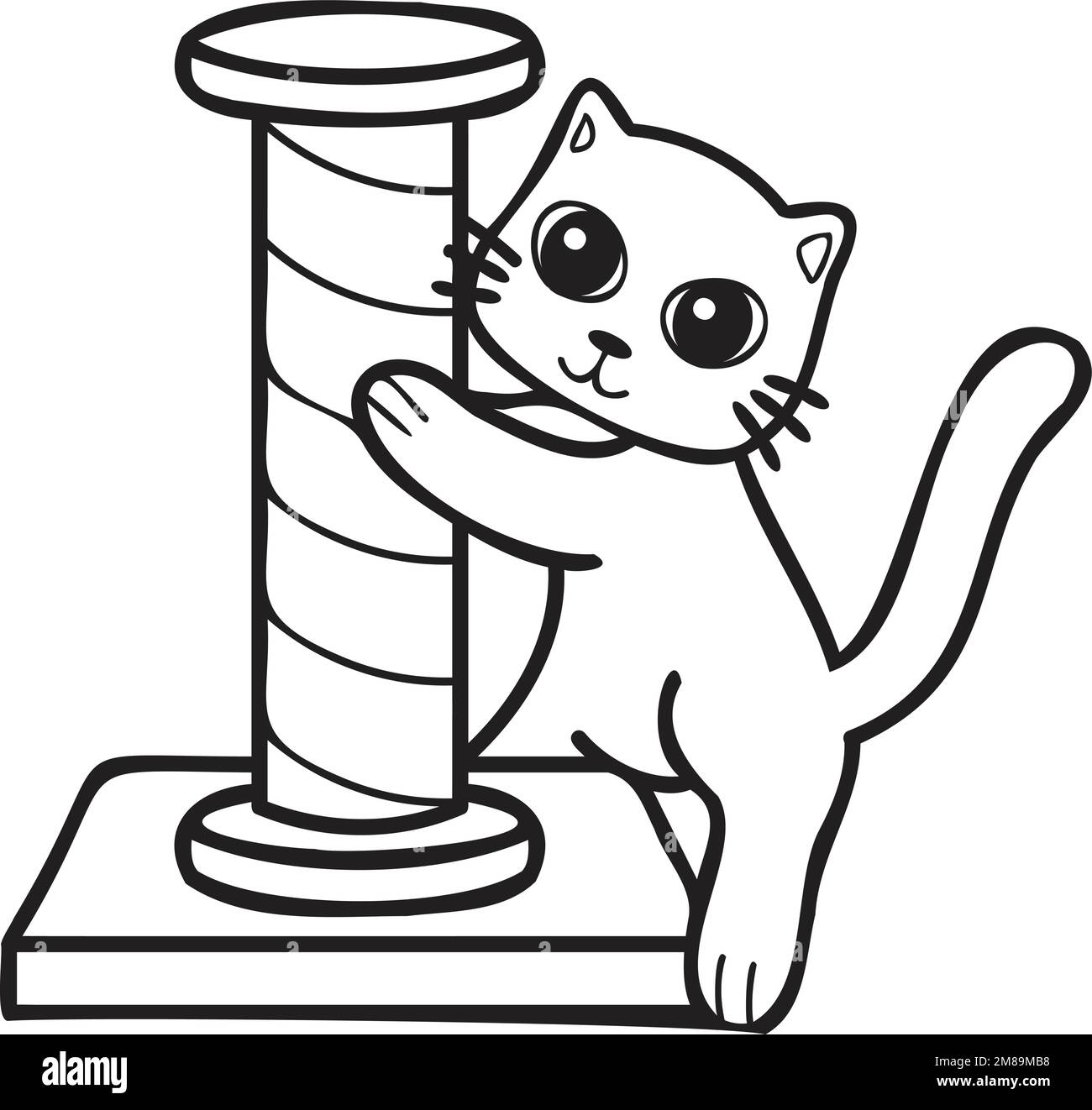 Hand Drawn cat with cat climbing pole illustration in doodle style ...