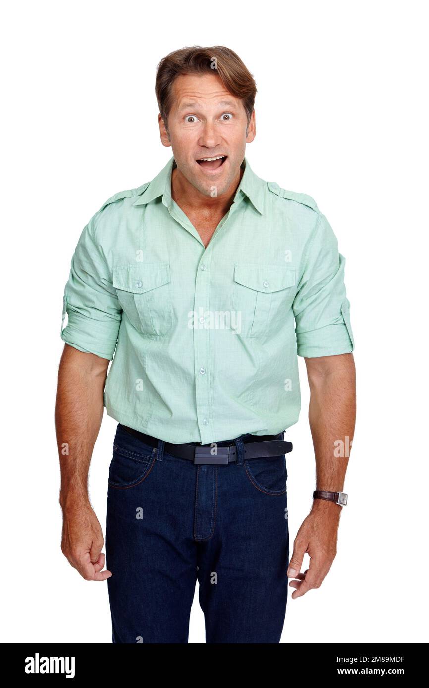 Shock, surprise and portrait of a man in a studio with a omg, wow and ...