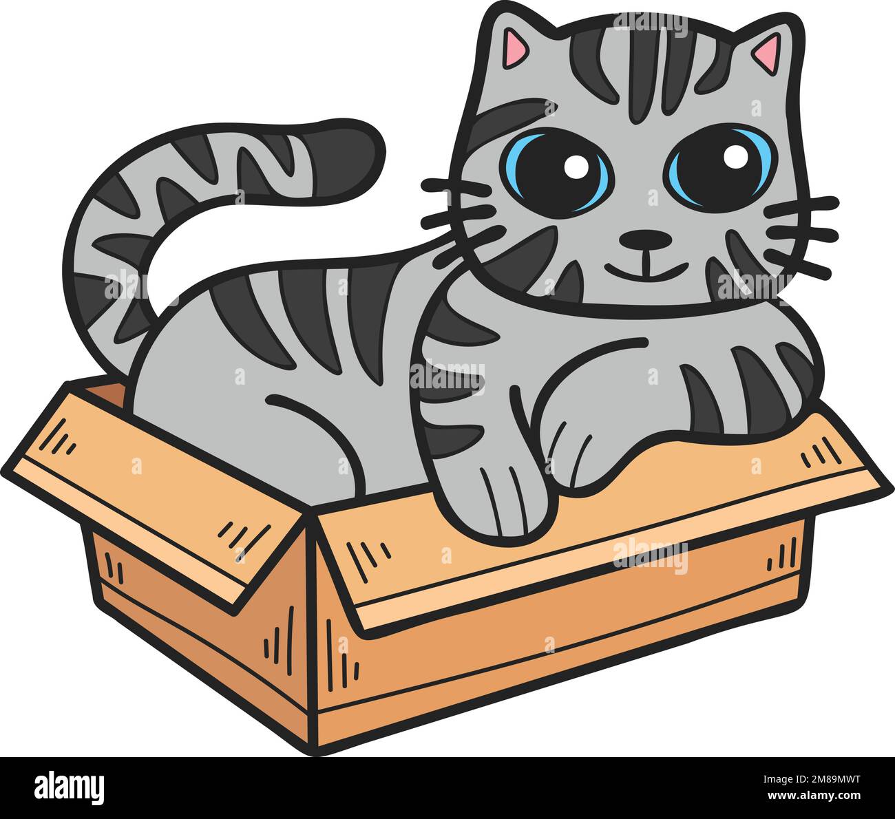 Hand Drawn striped cat in box illustration in doodle style isolated on ...
