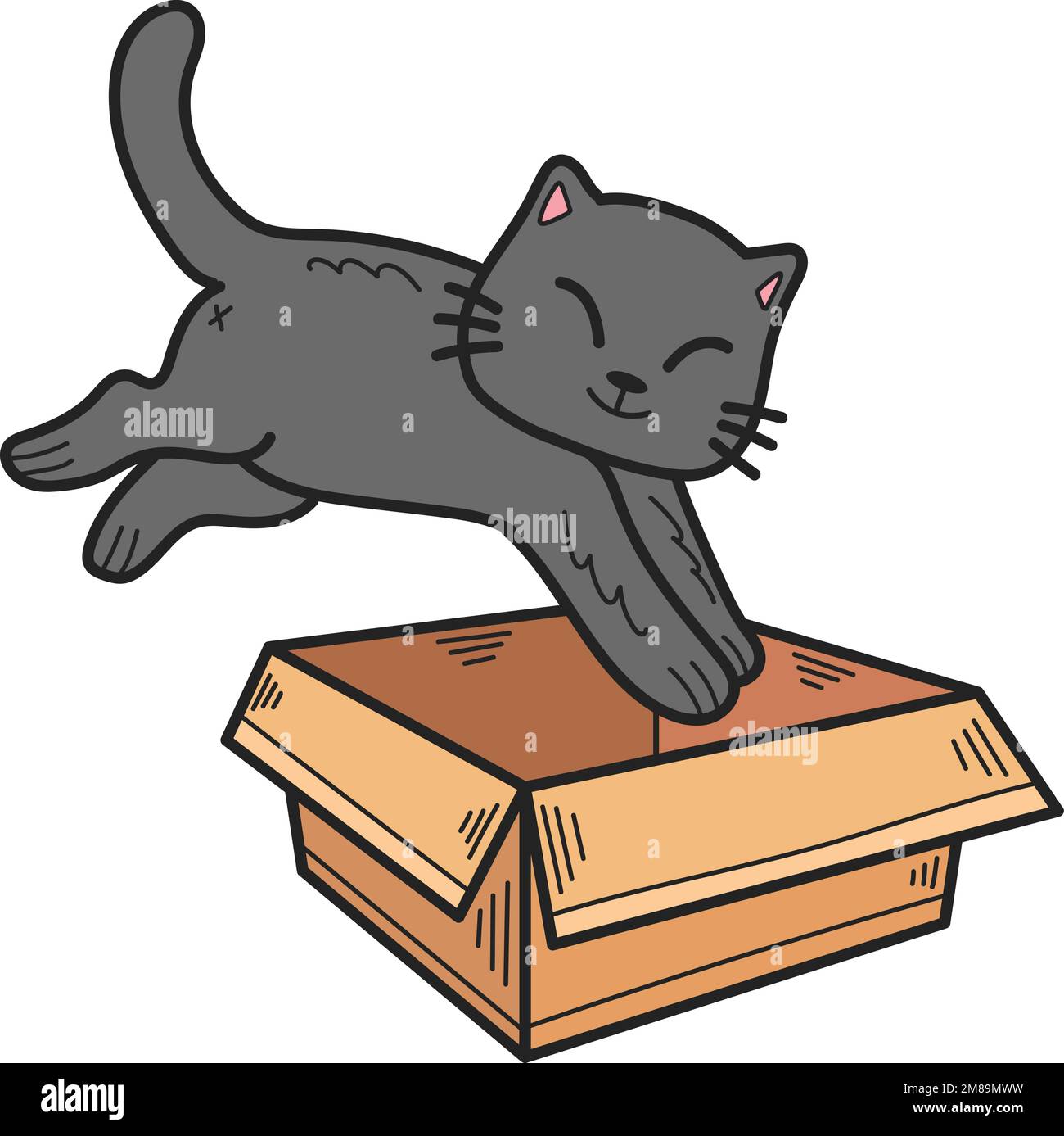 Hand Drawn kitten jumped into the box illustration in doodle style ...