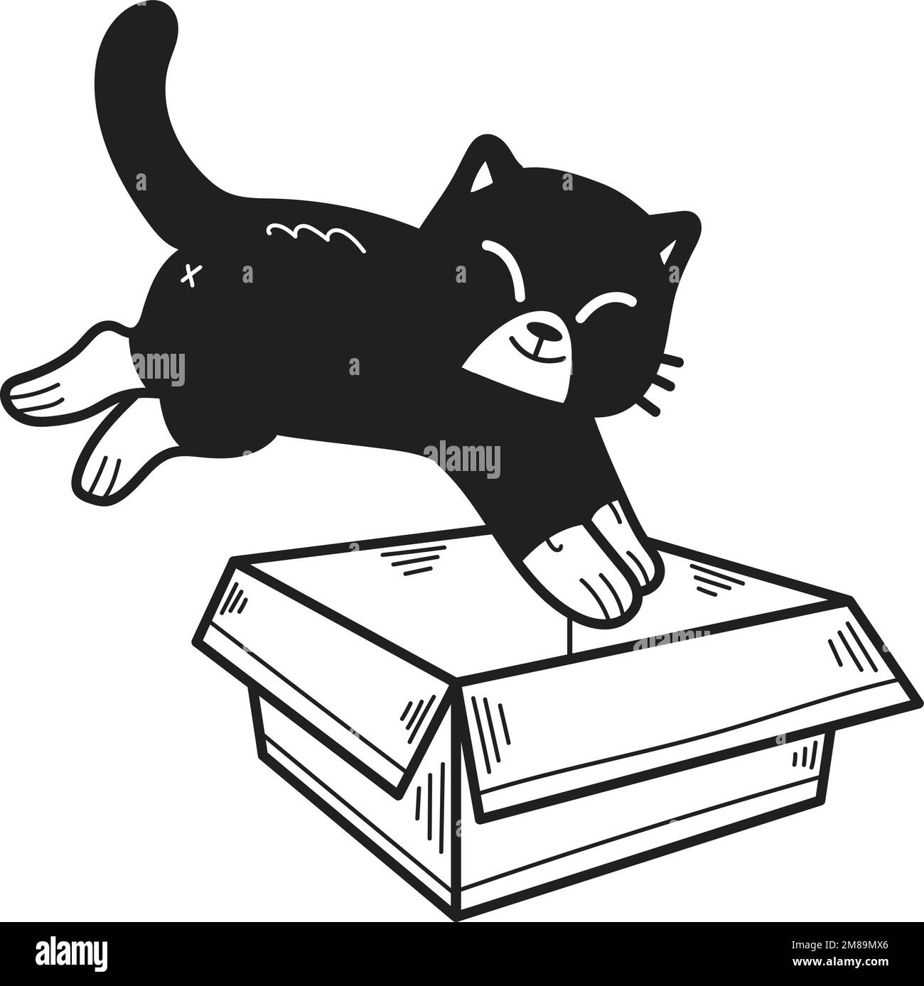 Hand Drawn kitten jumped into the box illustration in doodle style ...