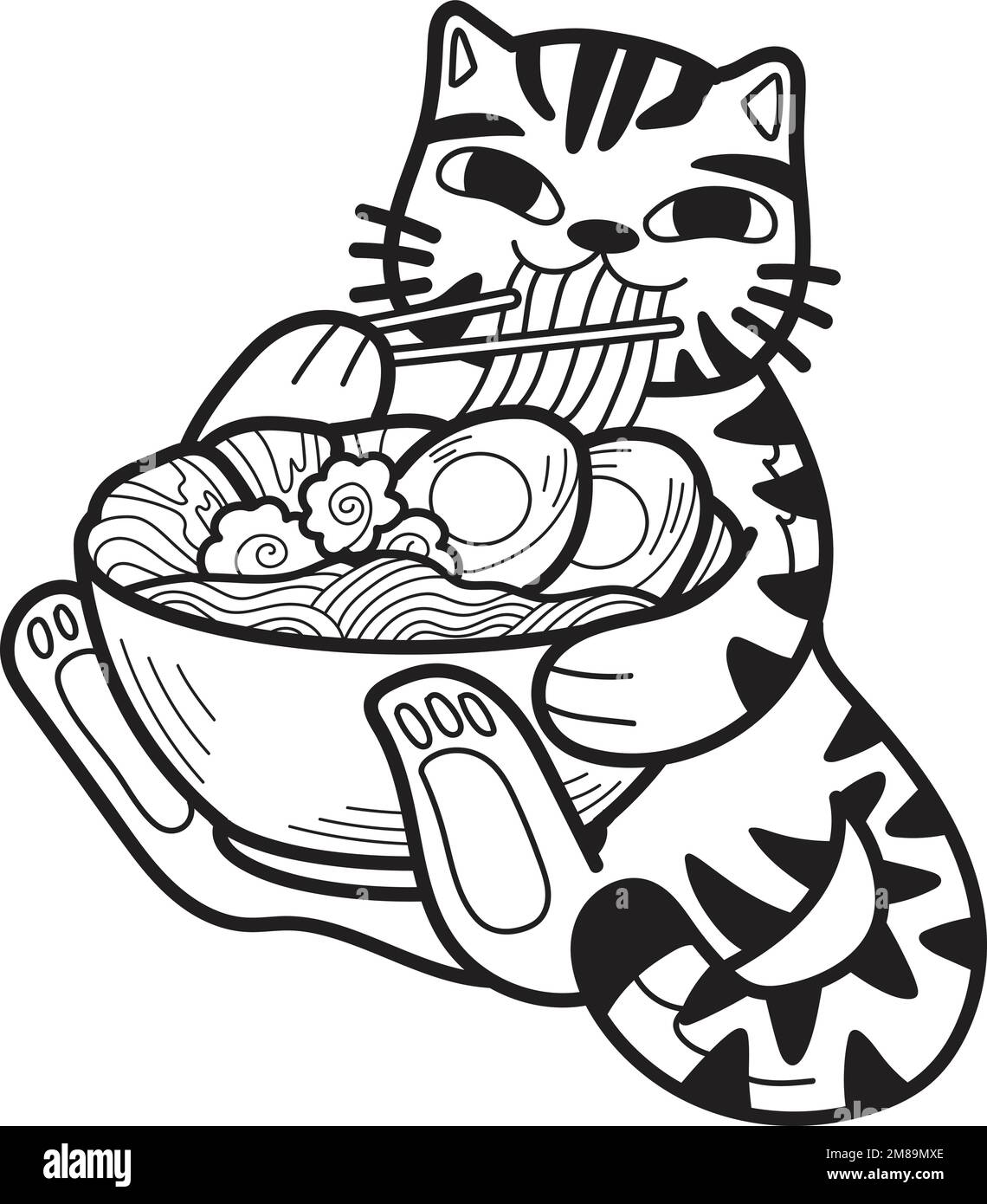 Hand Drawn striped cat eating noodles illustration in doodle style ...