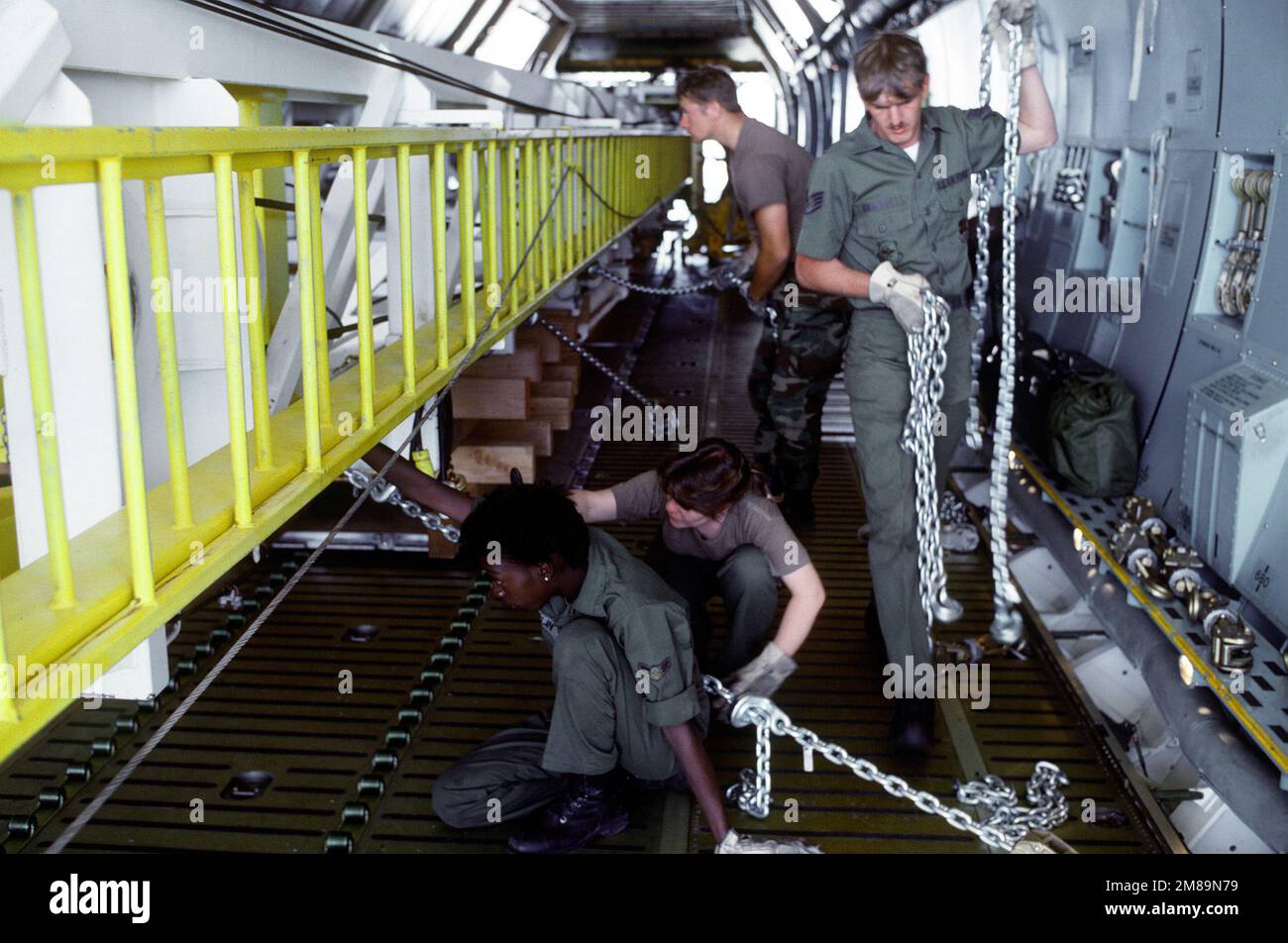 Aerial port squadron personnel secure a Cardwell-500 drilling rig mast ...