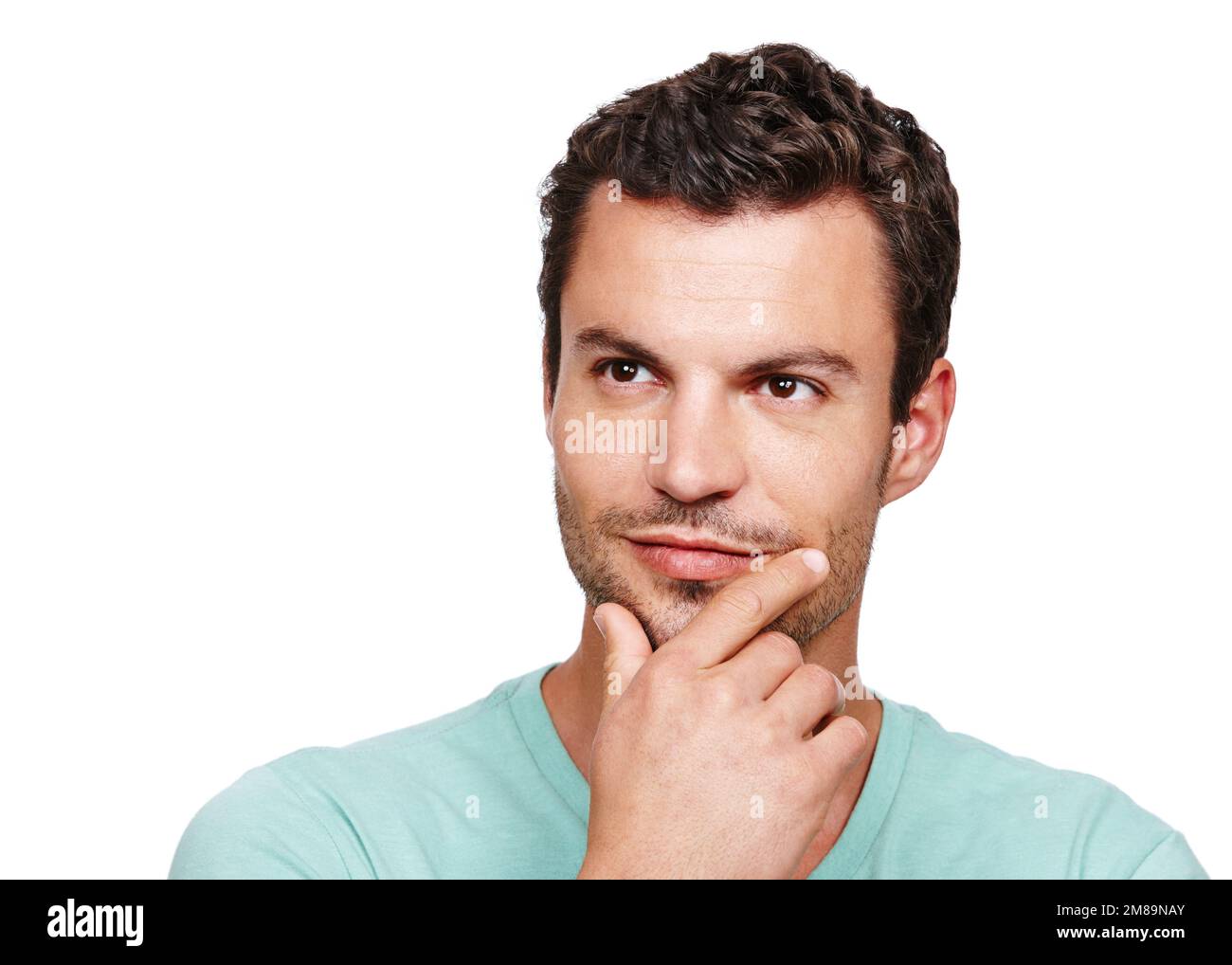 Man, serious face and thinking hands in white background for idea ...