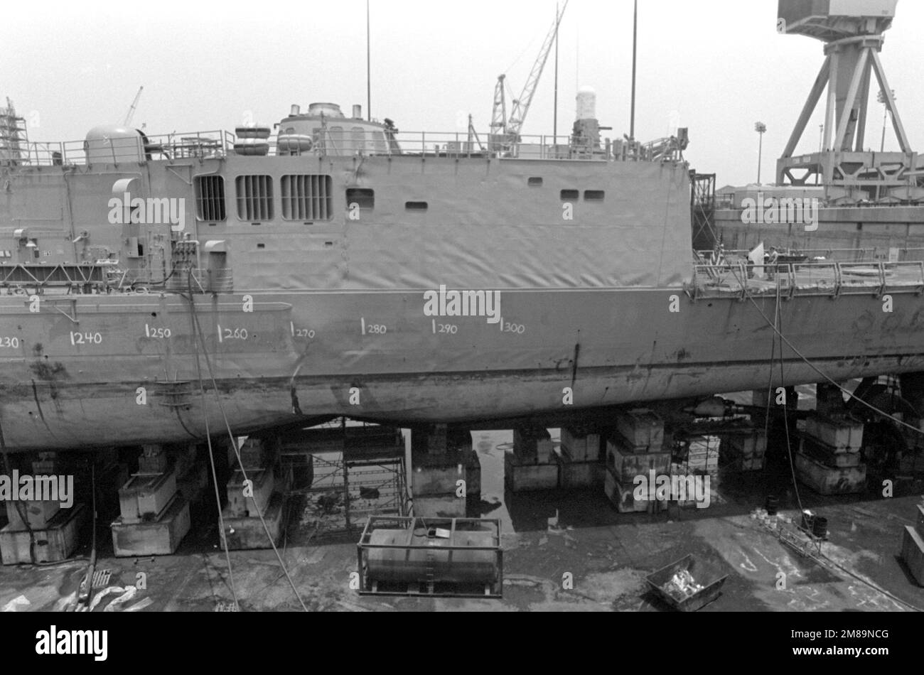 A close-up view of the port quarter of the guided missile frigate USS ...