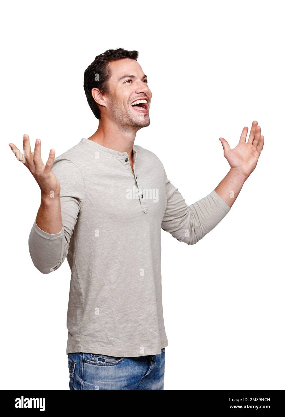 Happy, smile and man with hands, palms and winning hand gesture in the ...