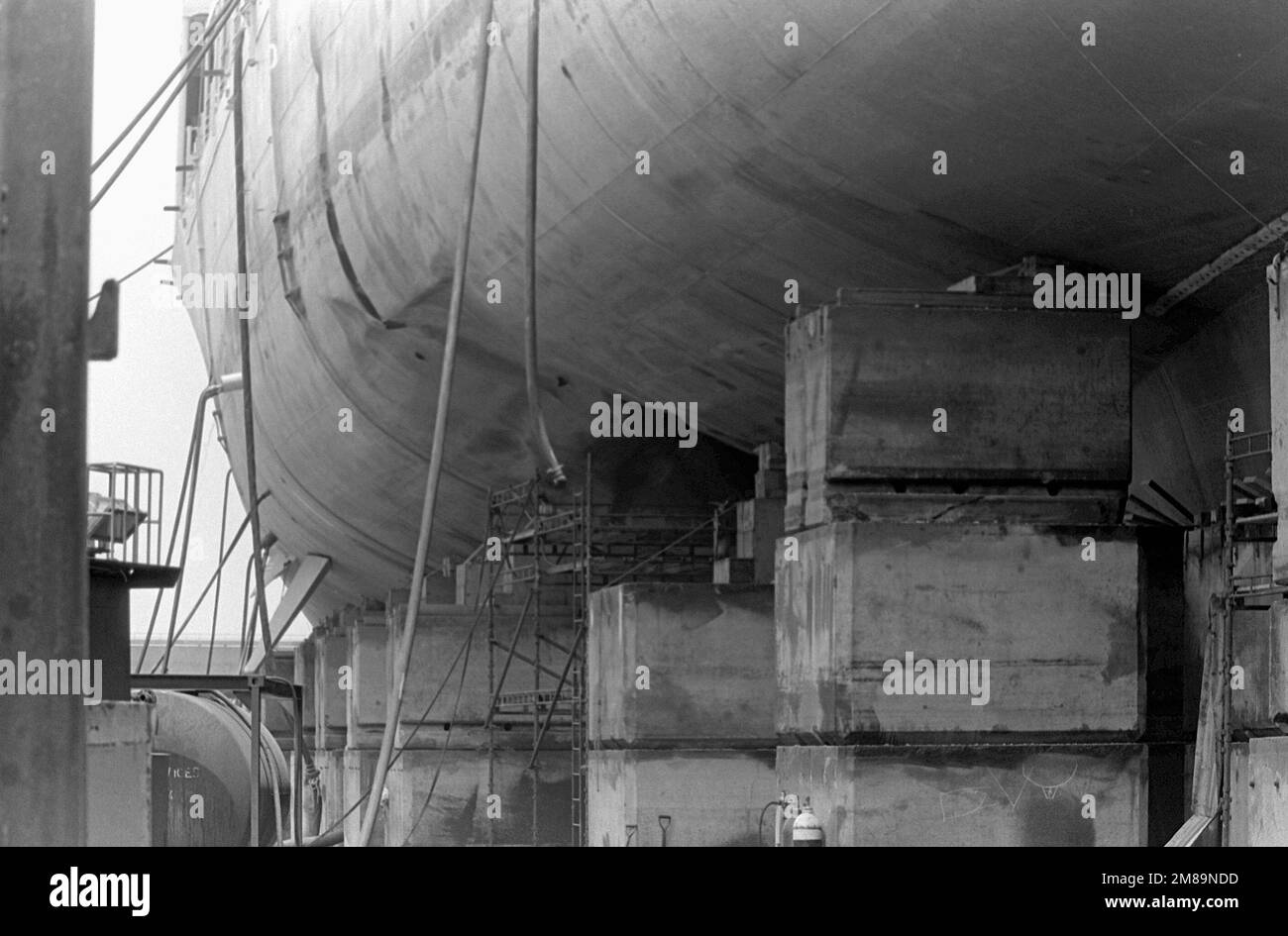 A view of the damage to the hull of the guided missile frigate USS ...
