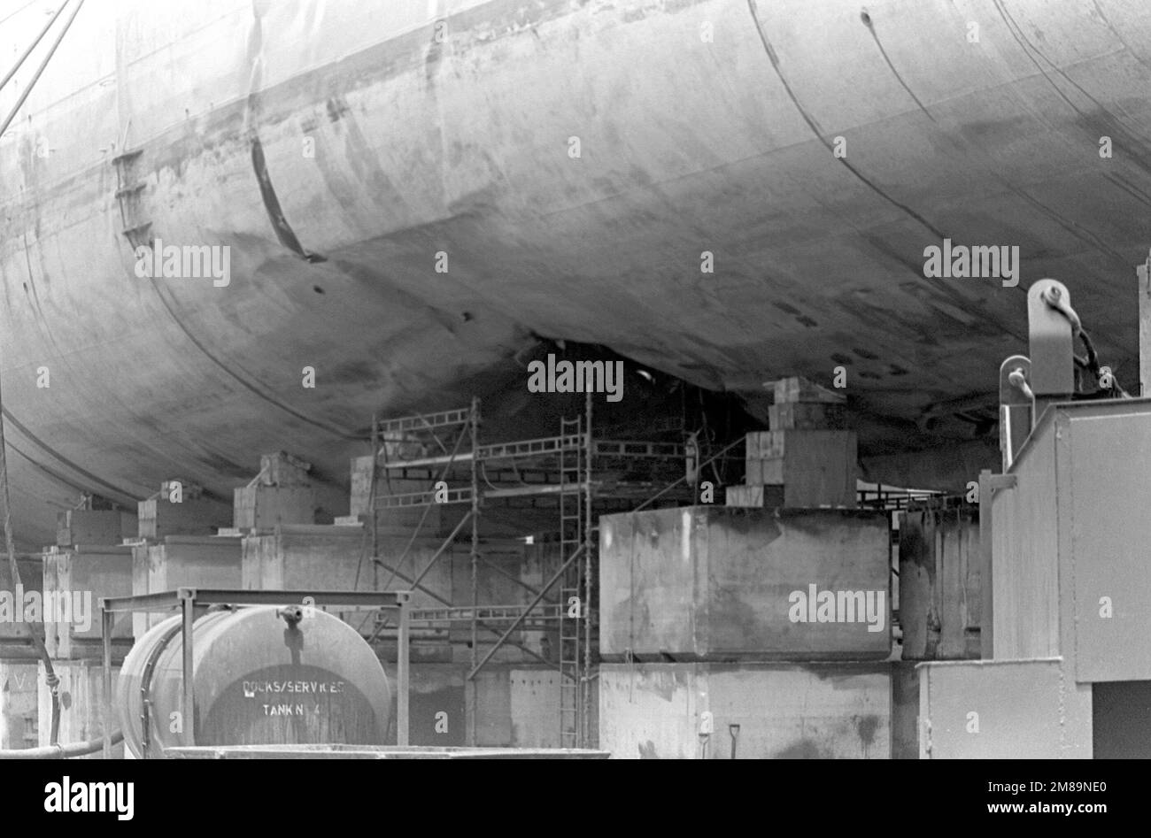 A view of the hole in the hull of the guided missile frigate USS SAMUEL ...