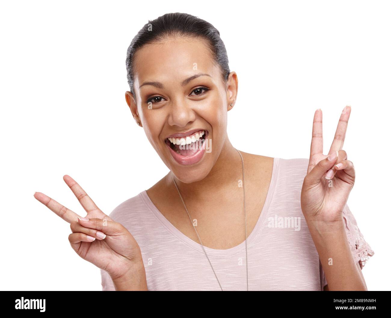 Peace sign, smile and portrait of woman on a white background for happy ...