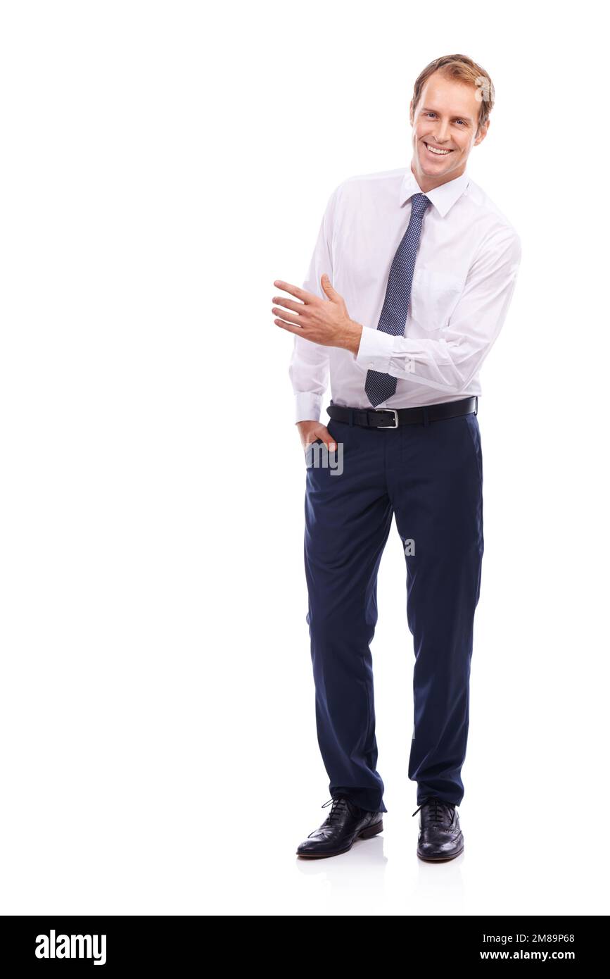 Businessman, smile portrait and manager standing in white background ...