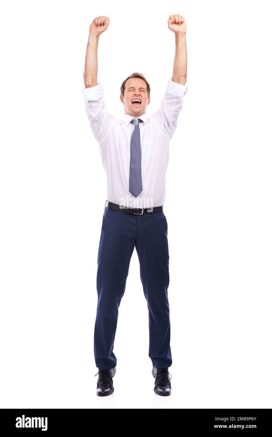 Business man, celebration and winner jumping for employee goals ...