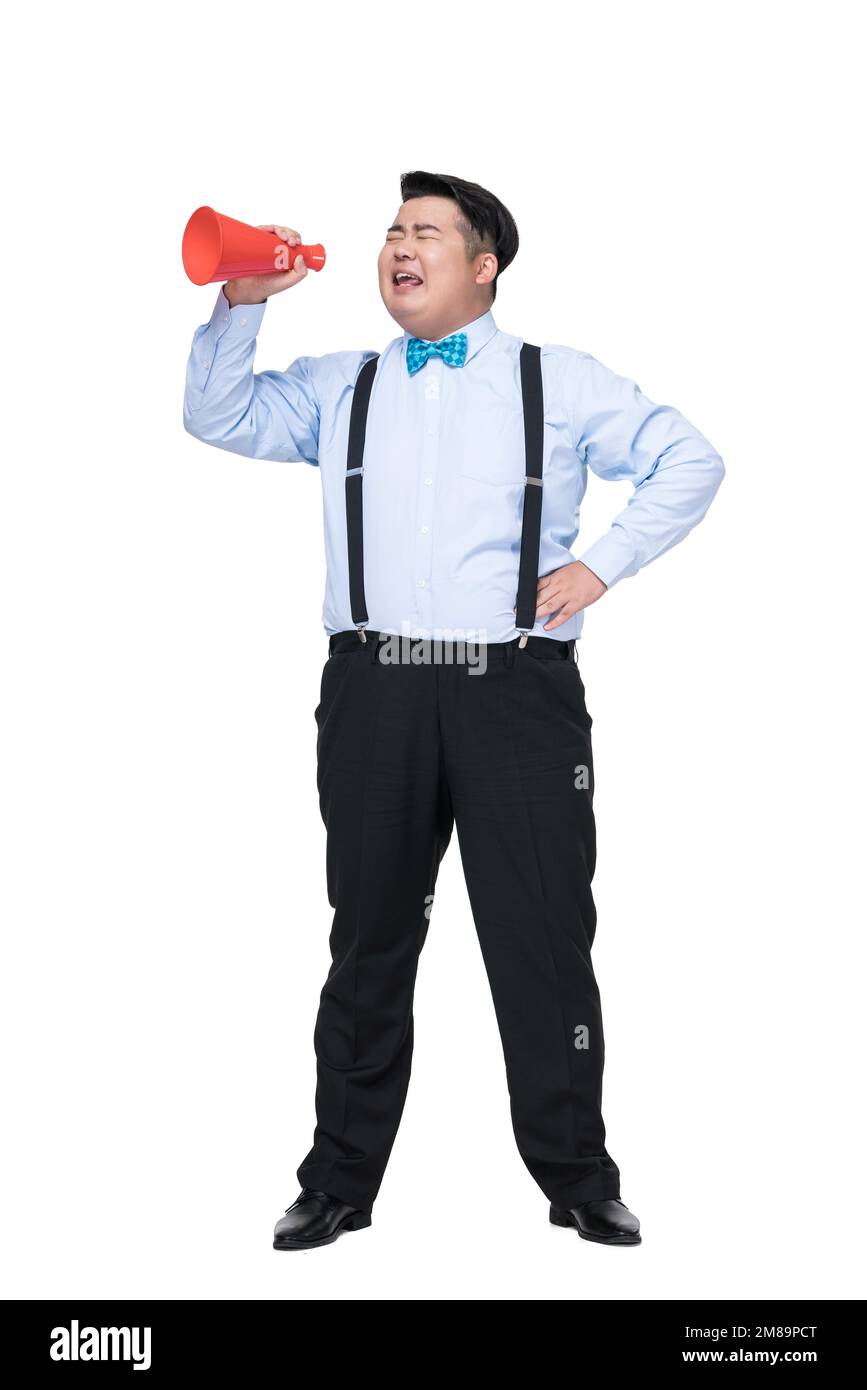 Obese young man with the horn Stock Photo - Alamy
