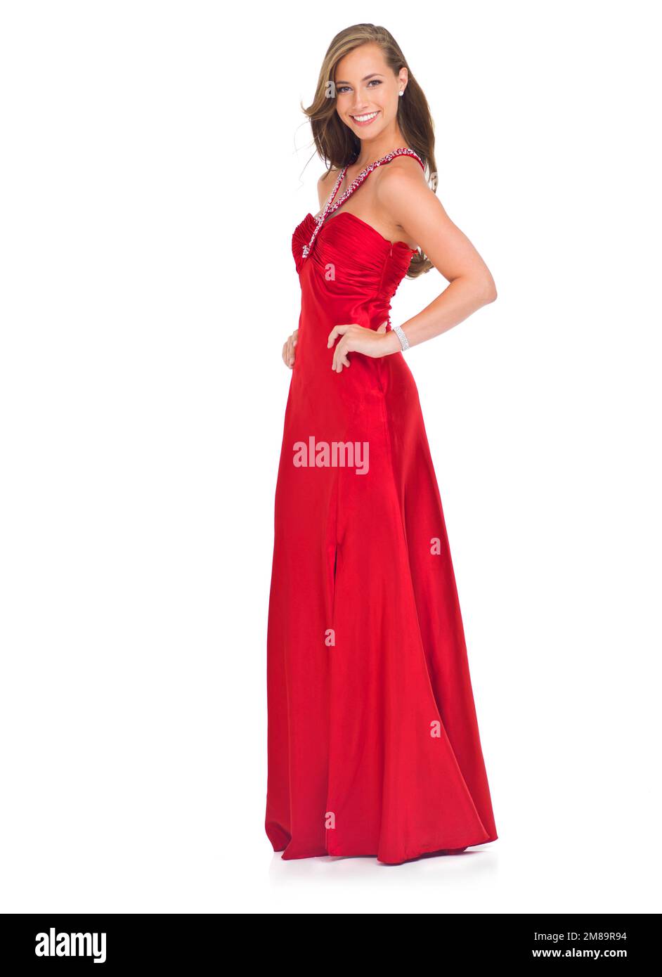 Elegant, prom and portrait of a woman in a red dress for an event ...