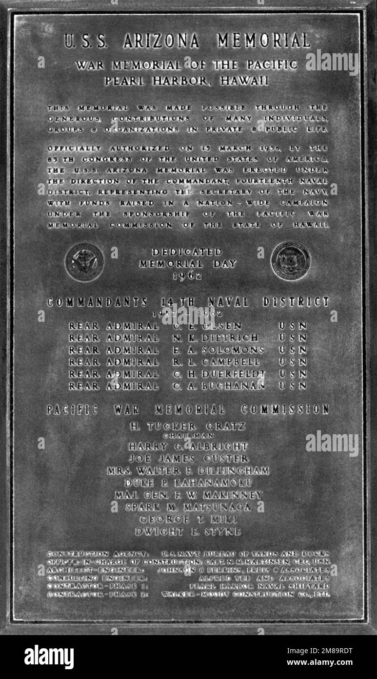 A view of a plaque hung inside the USS ARIZONA Memorial. Base: Naval ...