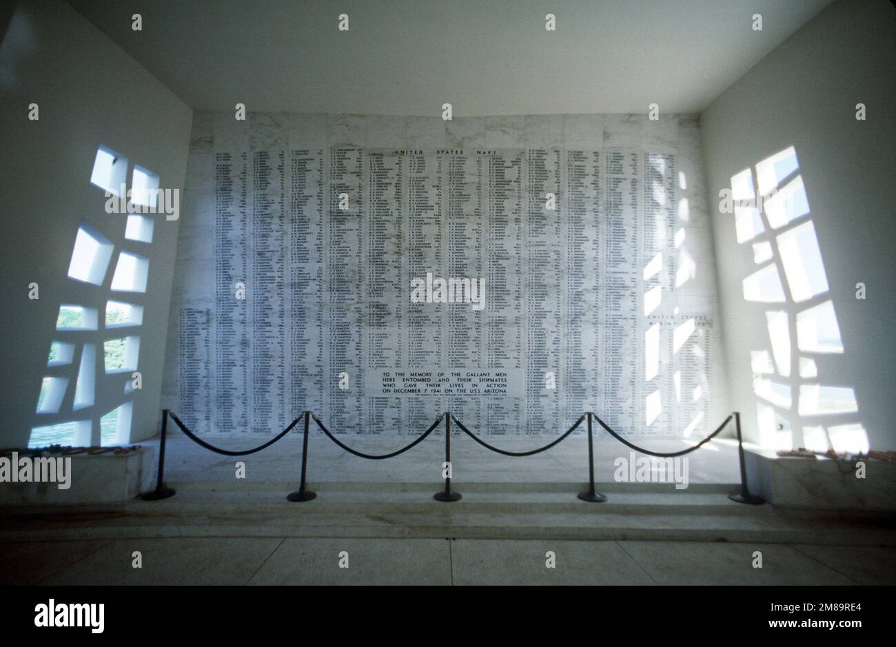 A view of a wall inside the USS Arizona Memorial. The wall bears the ...
