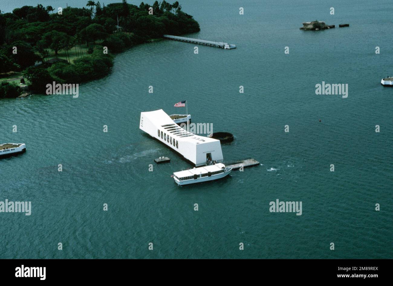 An aerial view of the USS ARIZONA Memorial. Base: Naval Station, Pearl ...