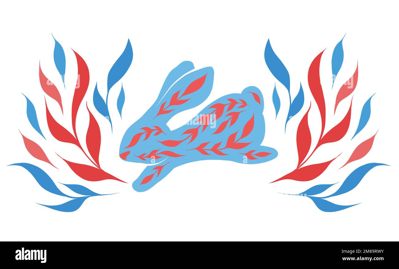 Vector card with blue and red silhouette decorated jumping rabbit in ...