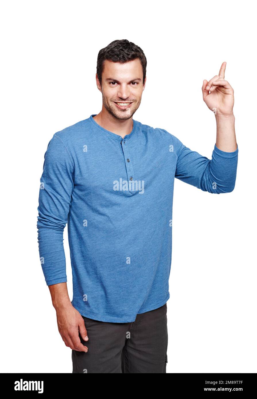 Pointing up, man and model portrait with idea thinking with a smile in ...