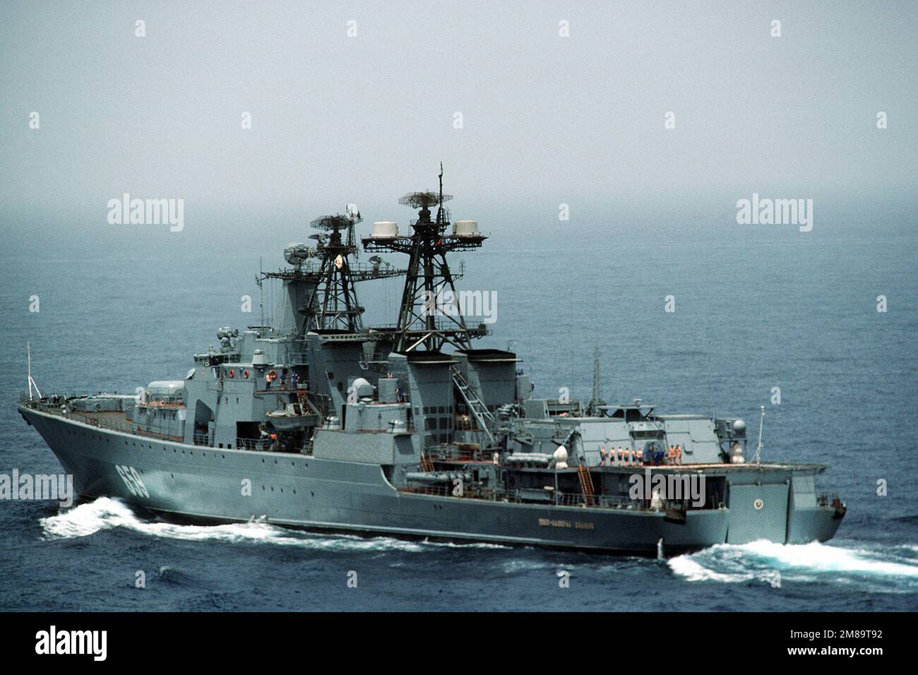 A port quarter view of the Soviet Udaloy Class guided missile destroyer ...