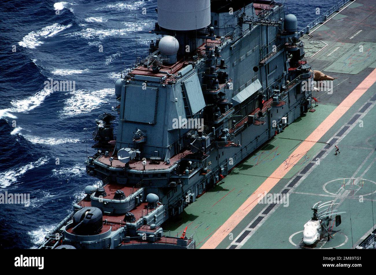 A view of the superstructure and radar equipment aboard the Soviet Kiev ...