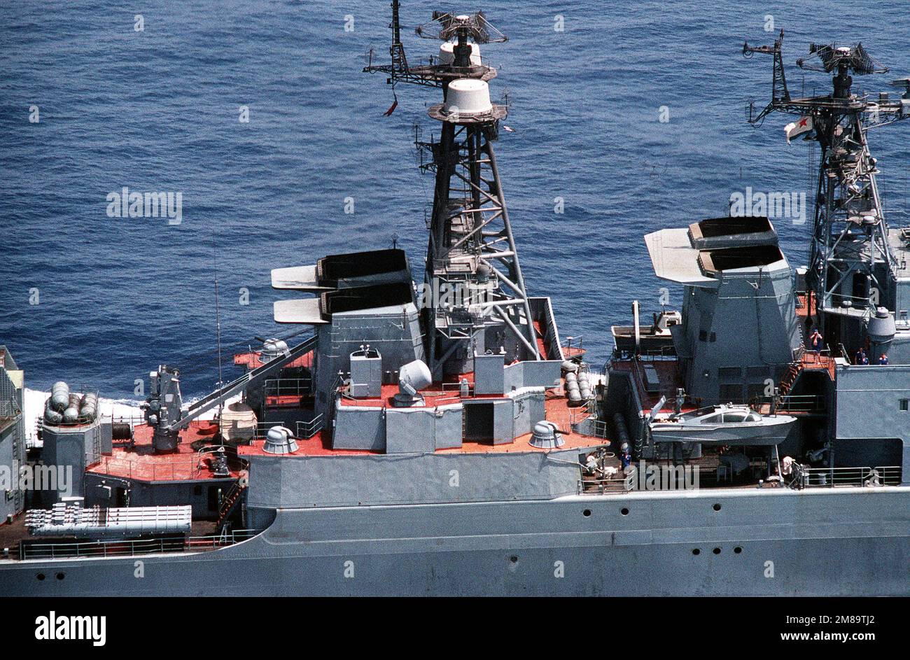 A view of radar equipment aboard the Soviet Udaloy class guided missile ...