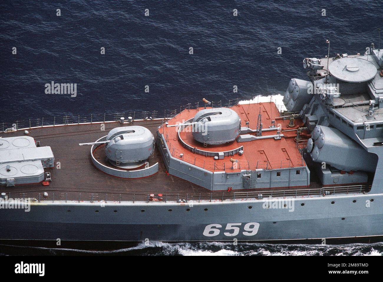 A view of a vertical missile launch system, 100mm dual purpose guns and ...