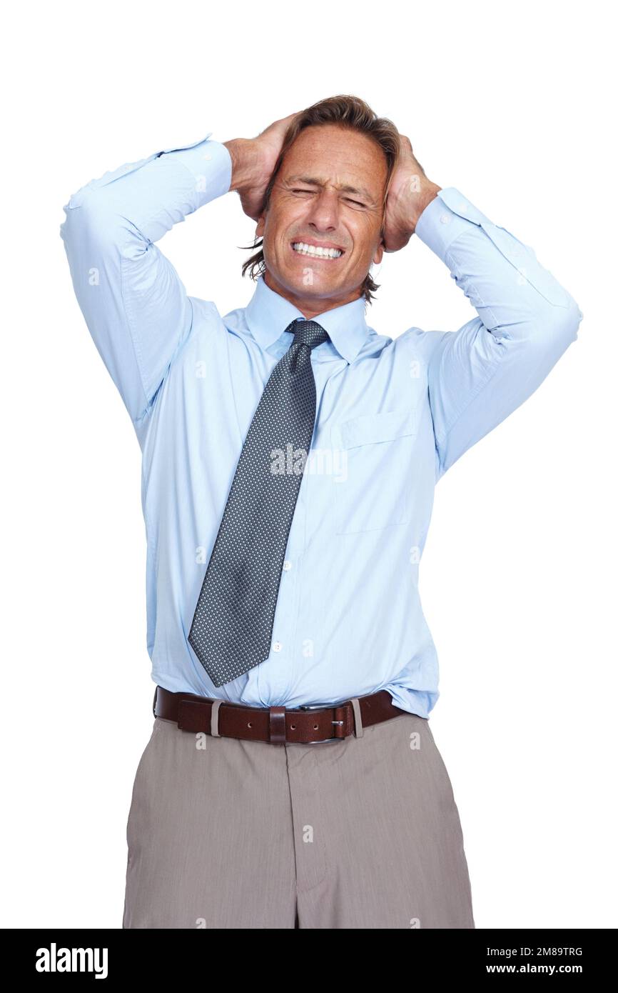 Stress, burnout and anxiety headache of businessman overwhelmed with ...
