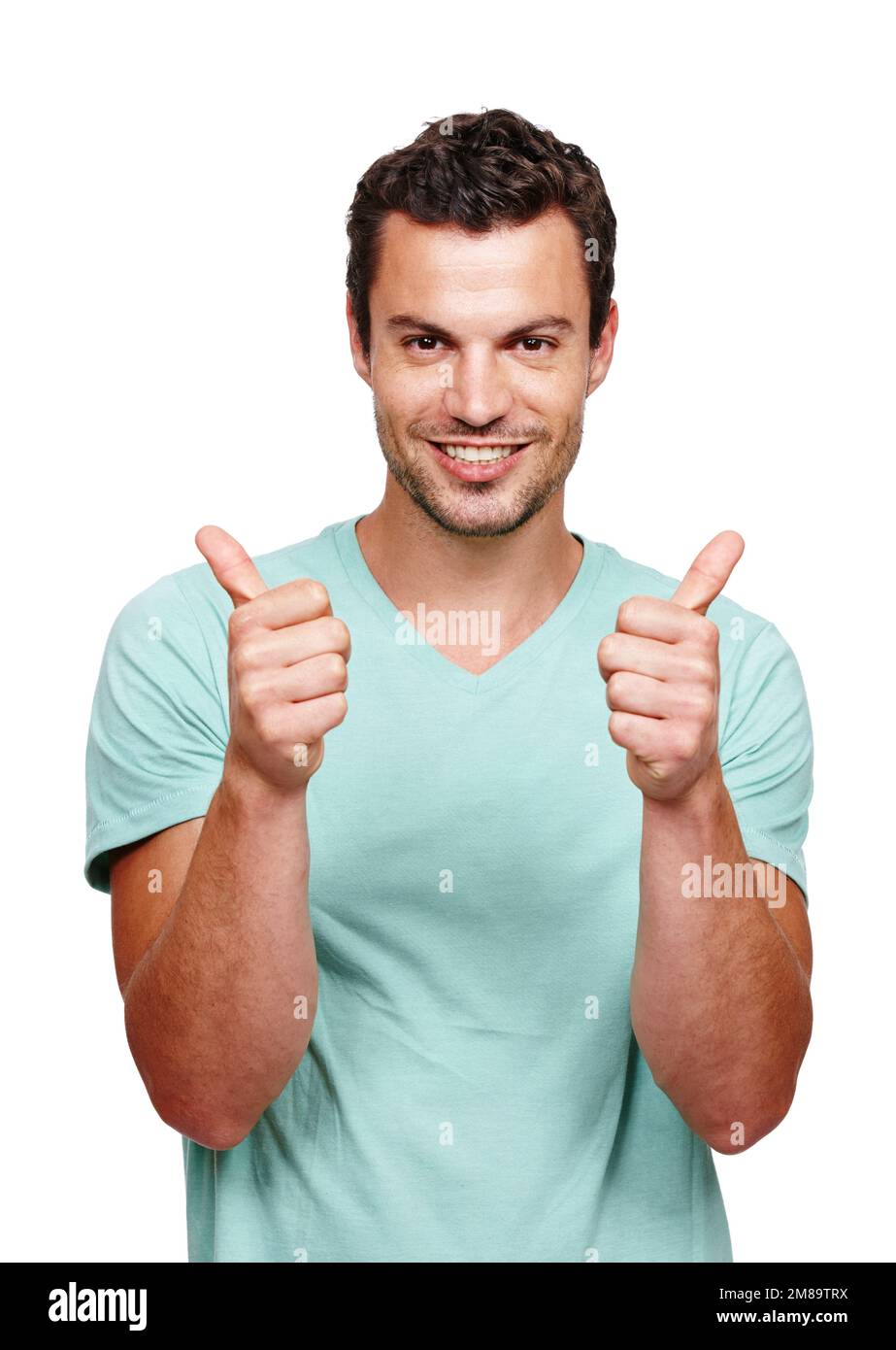 Thumbs up, happy and portrait of a man in a studio with success, good ...