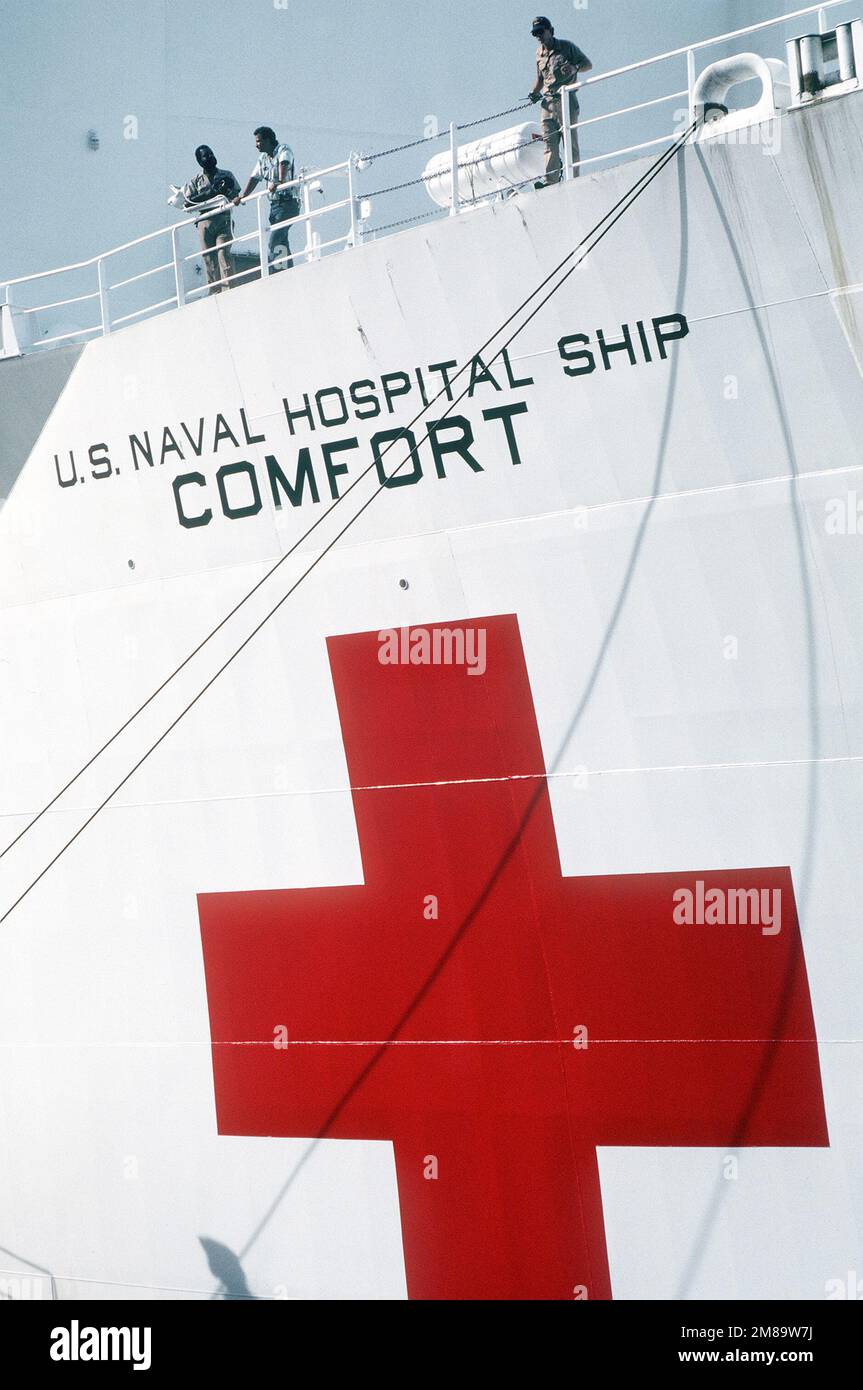 A close-up view of the red cross painted on the side of the hospital ...