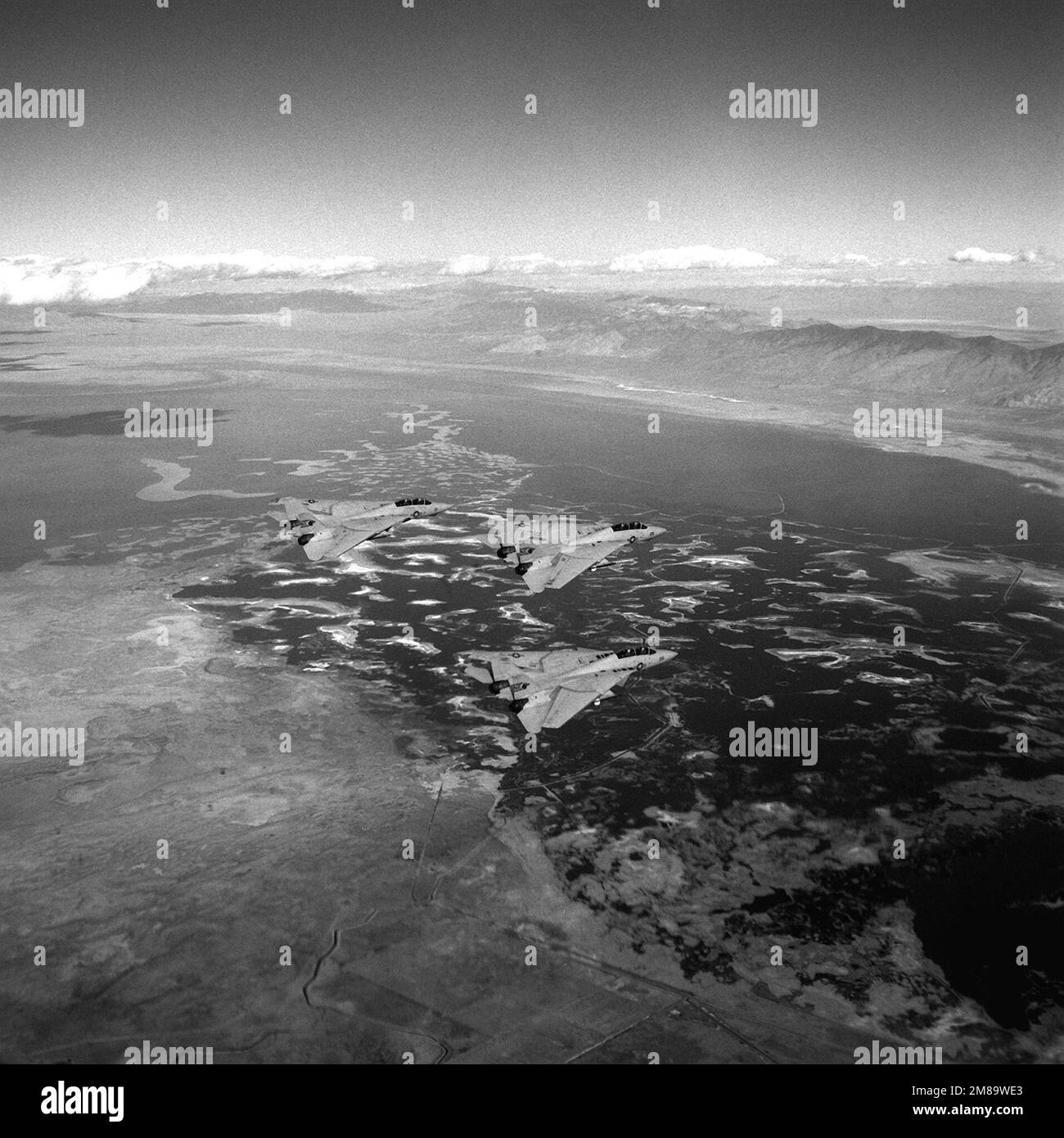 An overhead view of three F-14A Tomcat aircraft of Fighter Squadron 1 ...