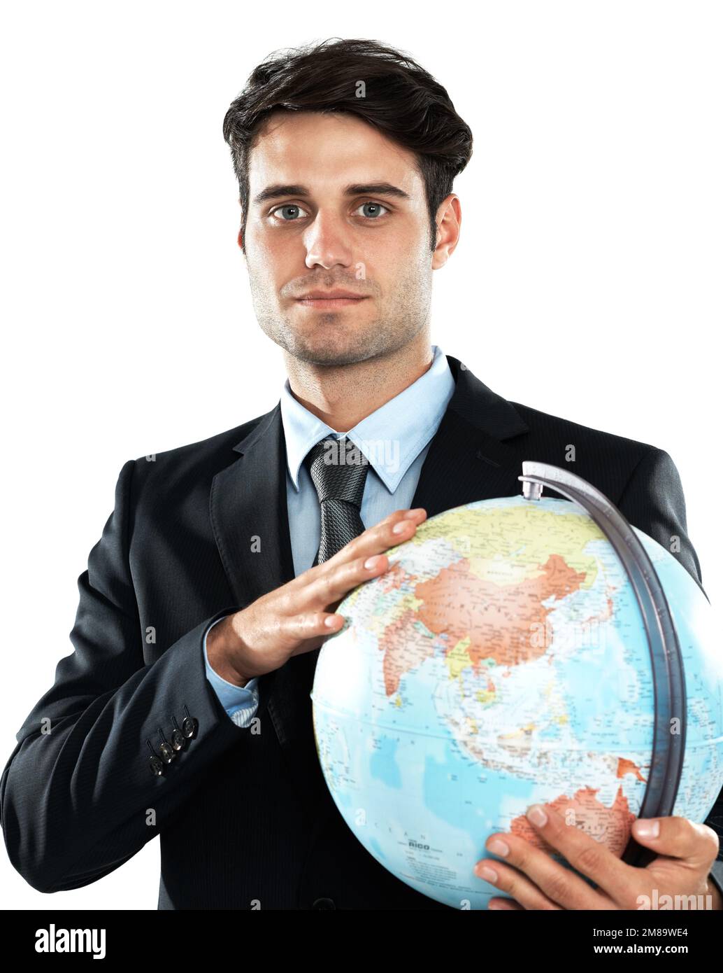 Global, business and man holding earth in studio portrait ...