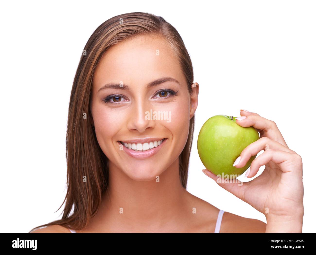 Apple, wellness and portrait of woman on a white background for healthy ...
