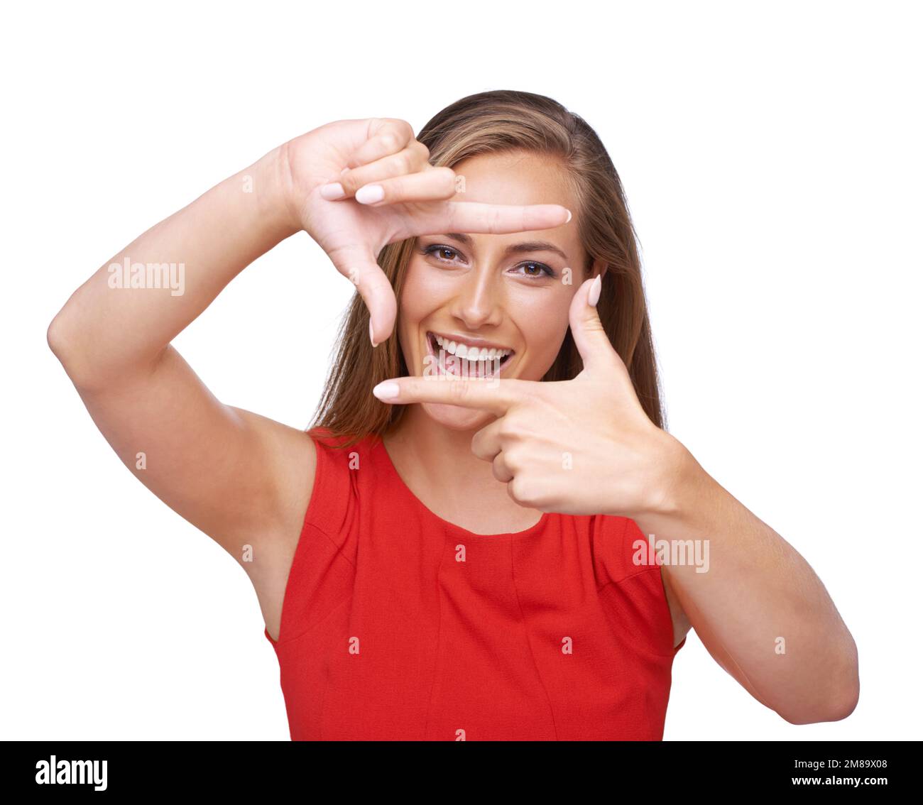 Creative, hand and frame portrait of woman with smile for inspiration ...