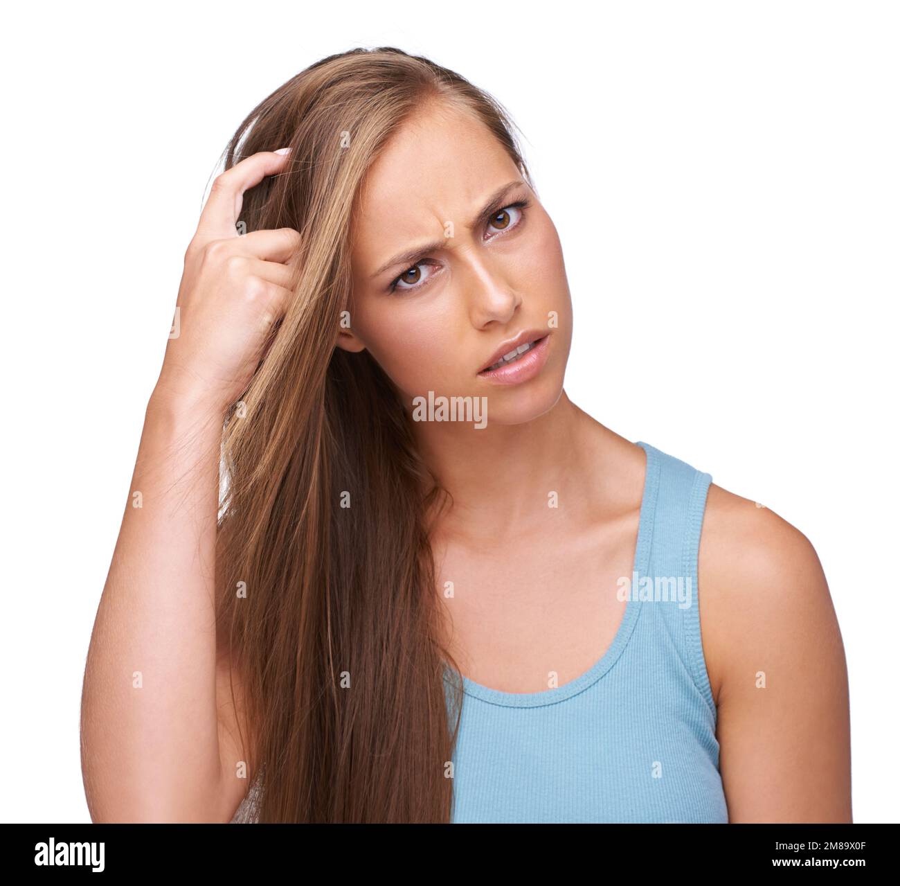 Confused, doubt and portrait of woman with question scratching head for ...