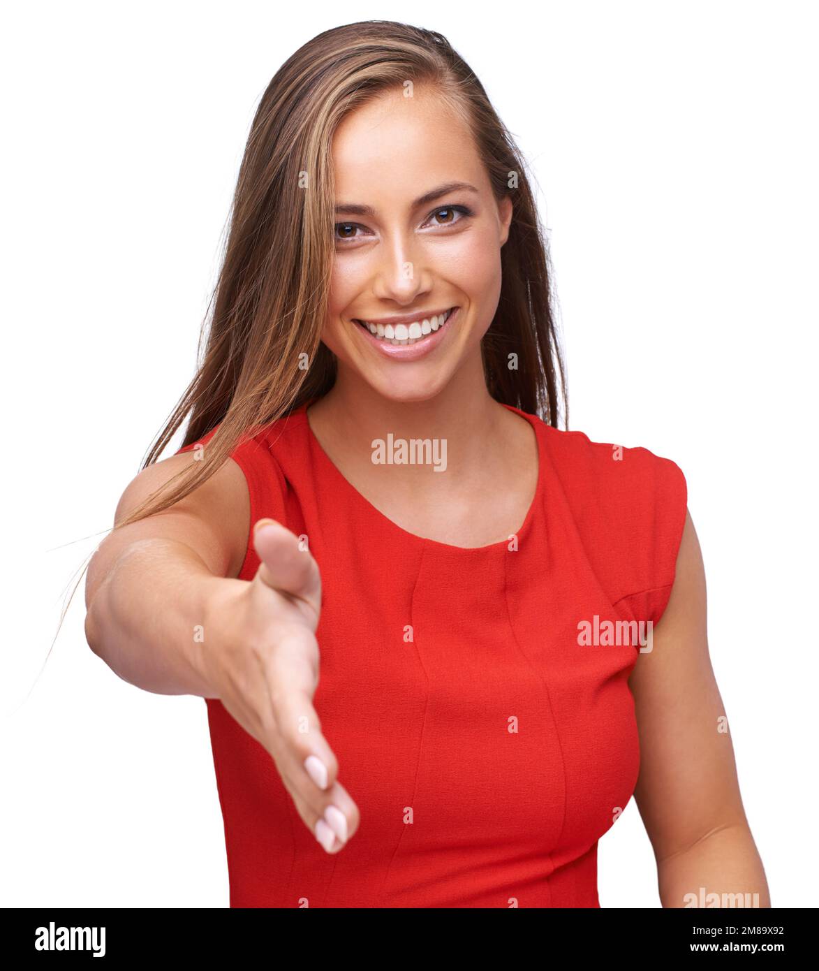 Handshake, portrait and happy woman with a smile in a studio for ...